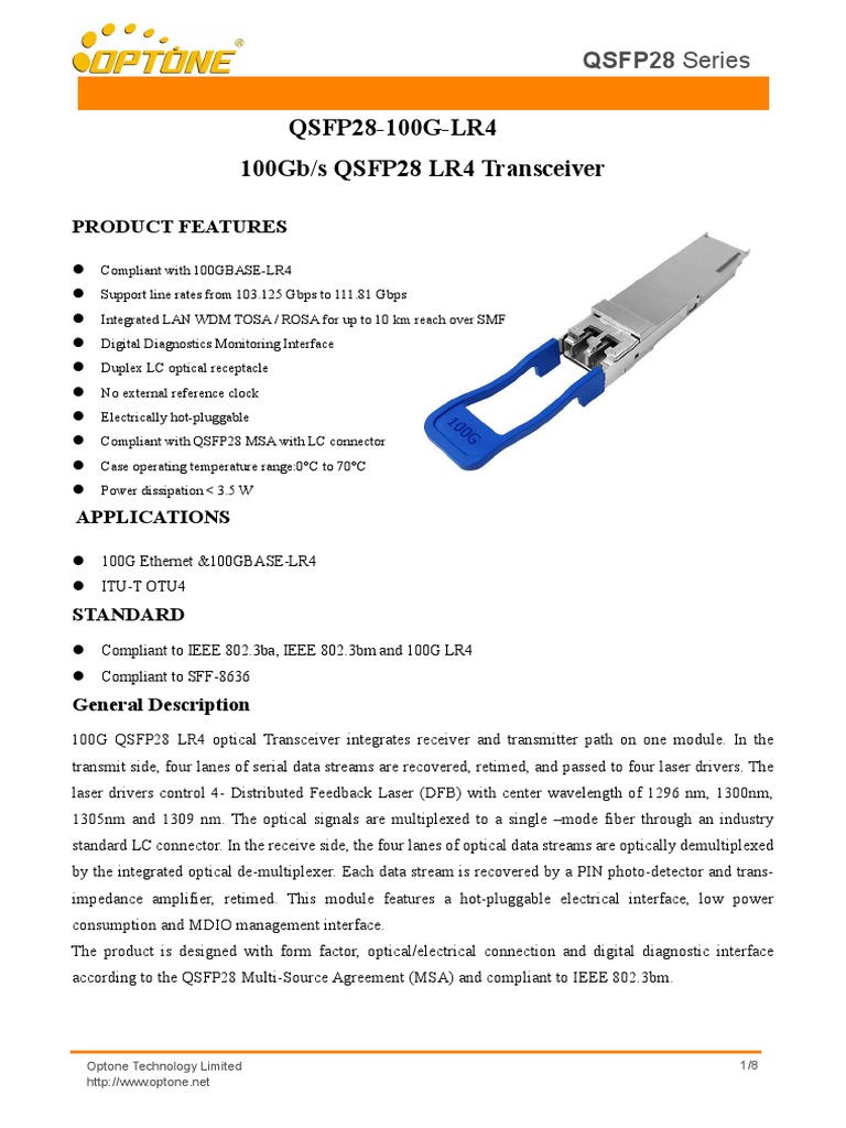 QSFP28-100G-LR4 100Gb/s QSFP28 LR4 Transceiver: Product Features | PDF ...