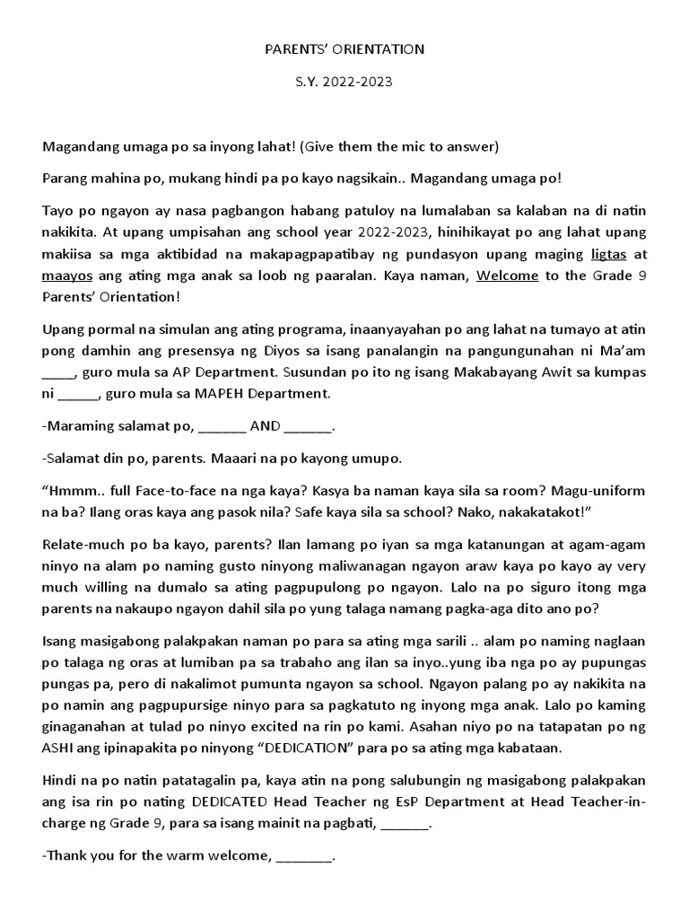 22-23 G9 Orientation Emcee Script - Scribd | PDF