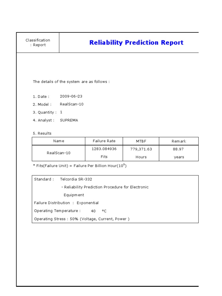 Reliability Prediction Report for RealScan-10 Model Scanner Using ...