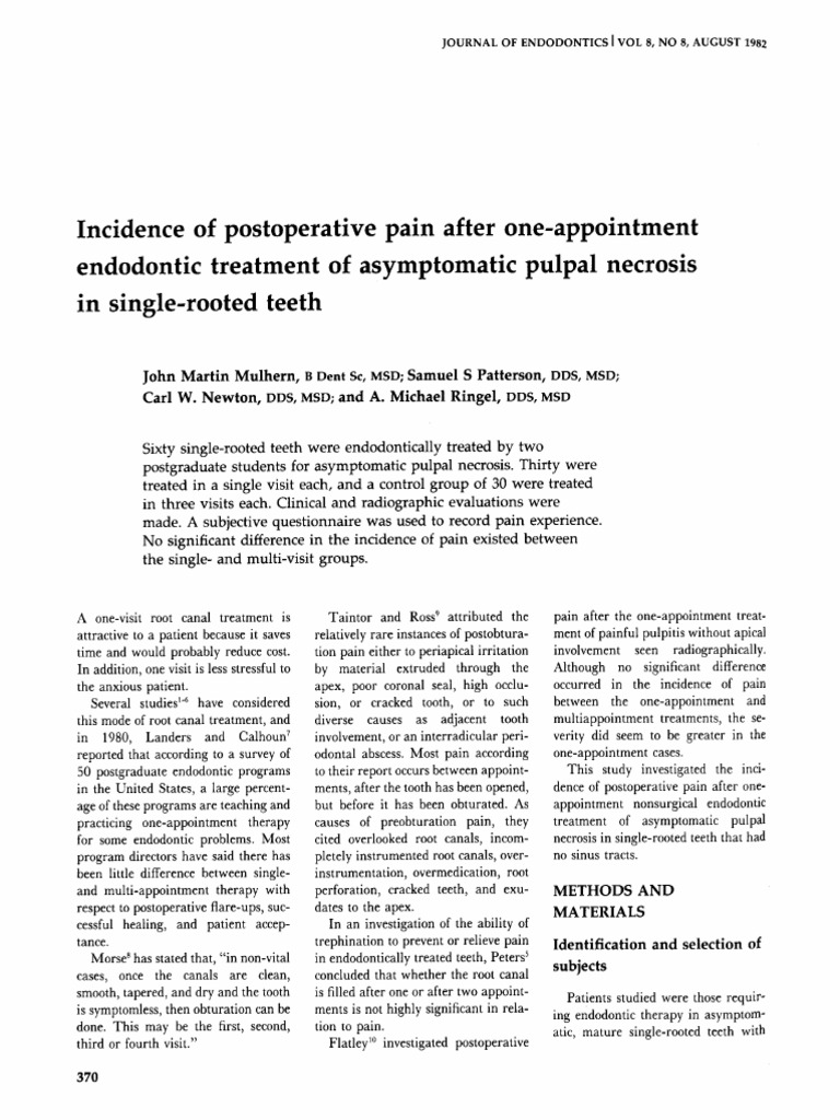 Incidence of Post Op Pain After 1 Appointment Endodontic Treatment of Asymptomatic Pulpal ...