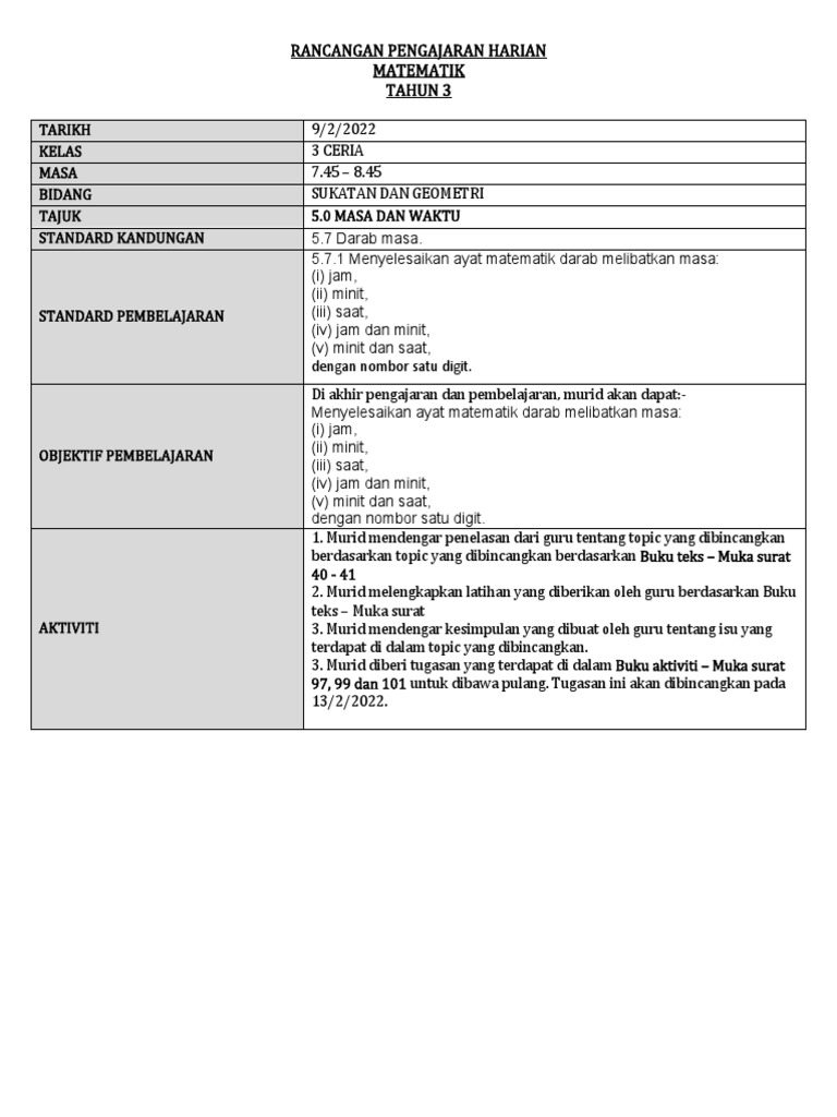 RPH Tahun 3 Matematik 9 Feb | PDF