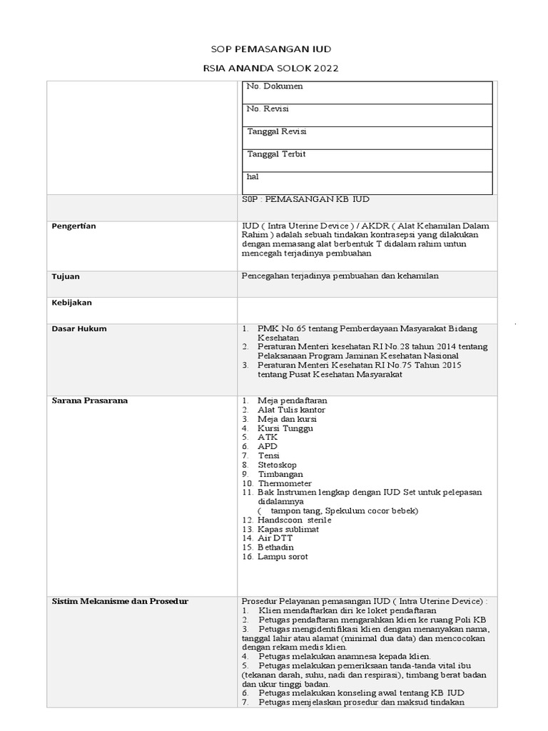 Sop Pemasangan KB Iud | PDF