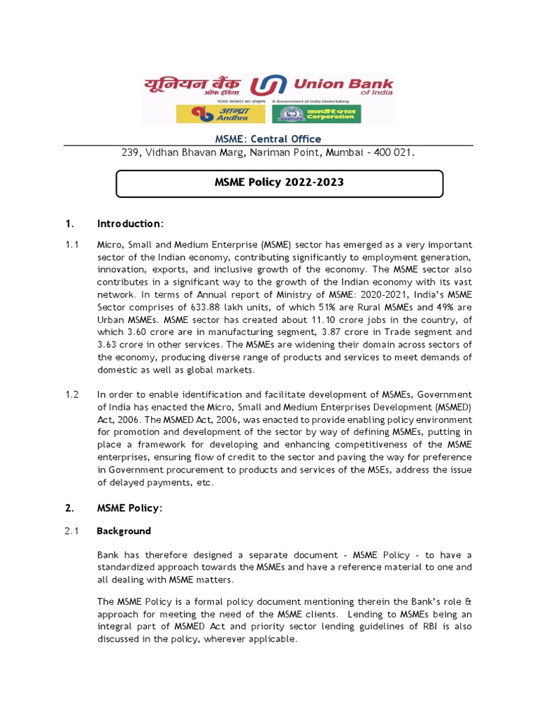 Msme Policy 2022-23 | PDF | Small And Medium Sized Enterprises ...