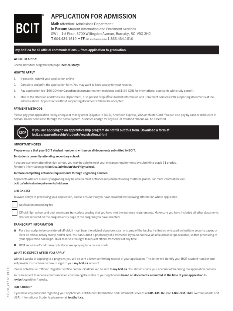 Apply for Admission at BCIT | PDF | Cheque | Visa Inc.