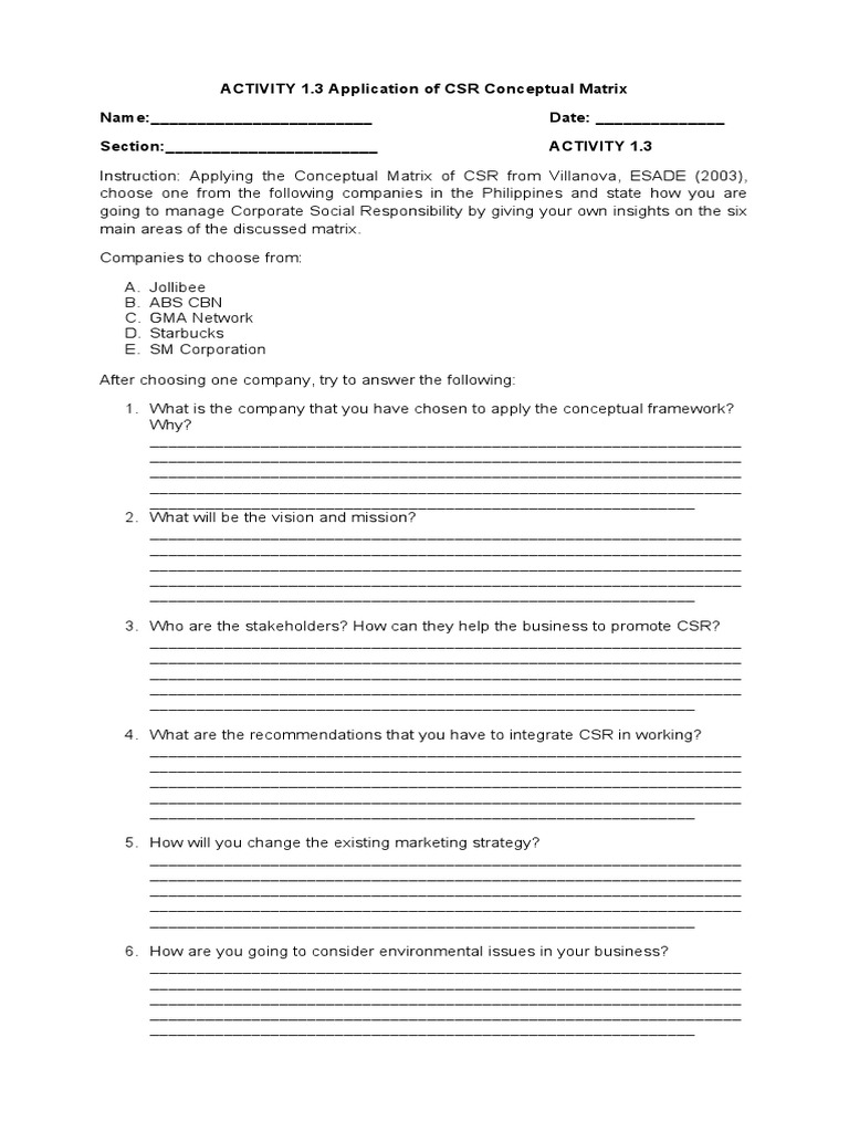 Activity 1 3 Application Of Csr Conceptual Framework Download Free Pdf Corporate Social