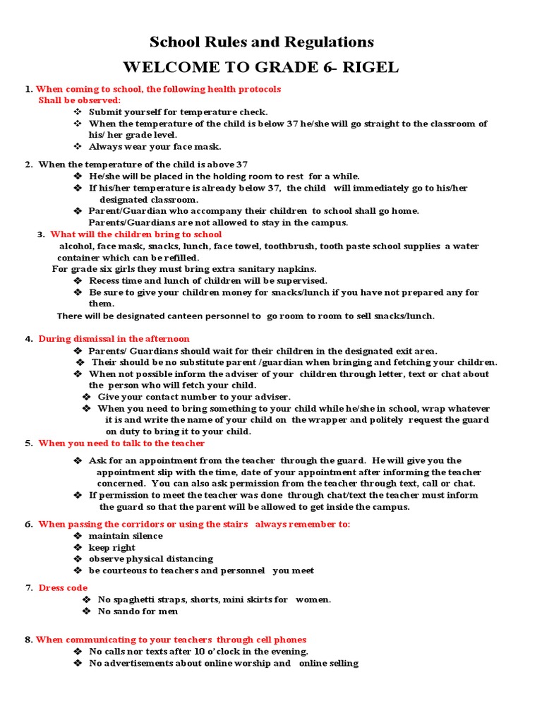 School Rules and Regulations (Parent Orientation) | PDF