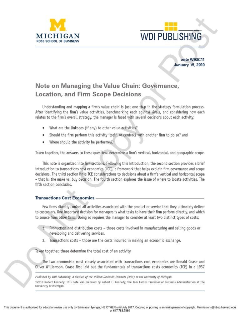 Note On Managing The Value Chain: Governance, Location, and Firm Scope ...
