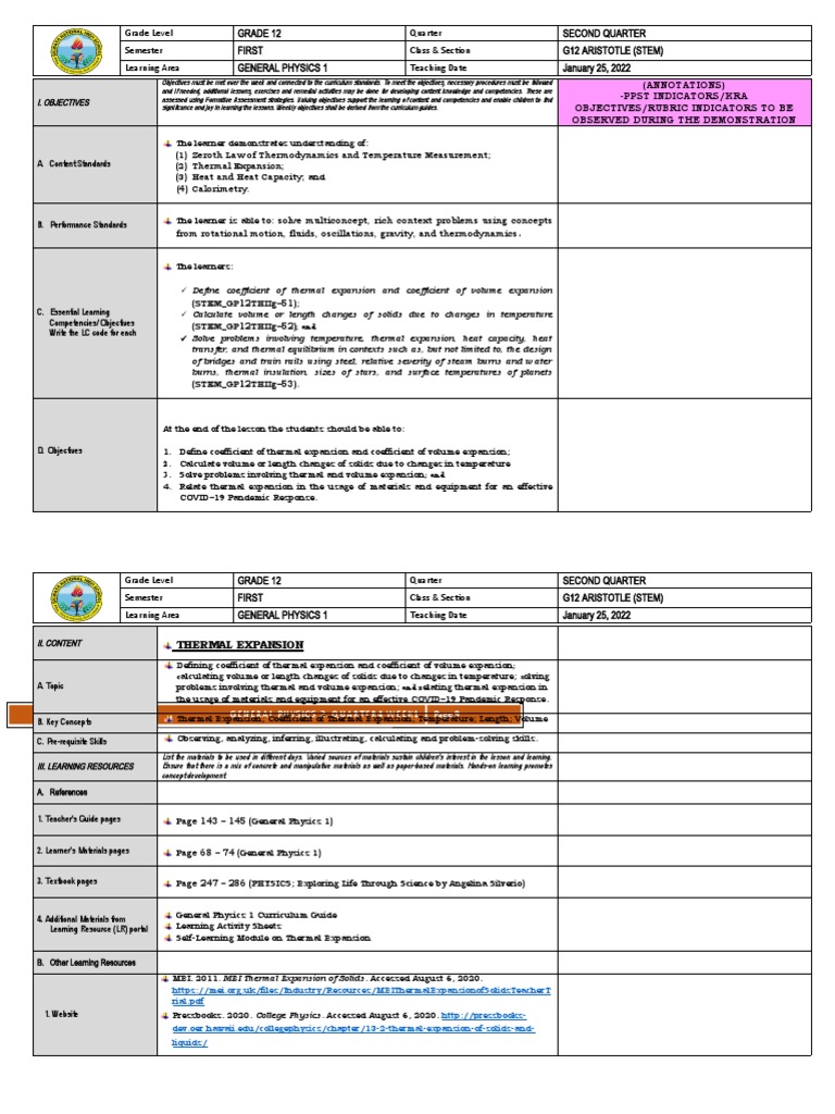 Grade 12 Second Quarter First G12 Aristotle (Stem) General Physics 1 ...