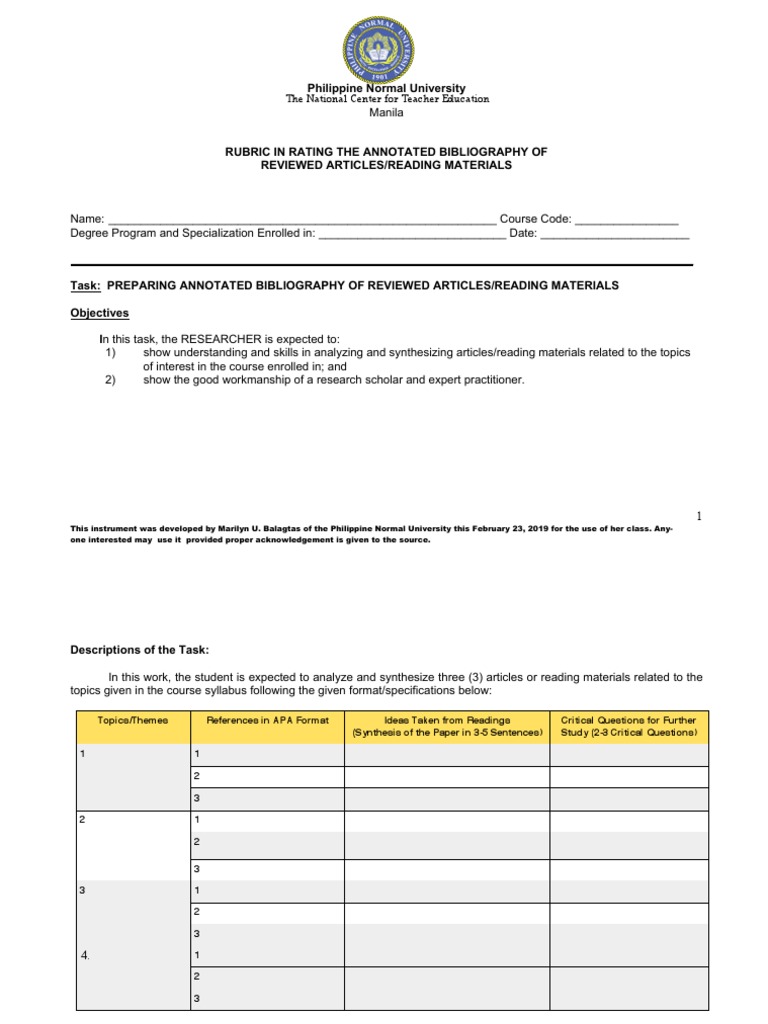 Annotated-Bibliography-Rubric | PDF | Rubric (Academic) | Cognition