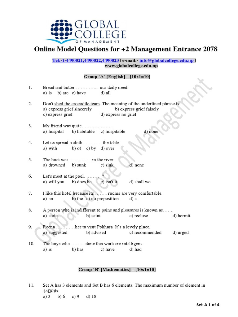 Entrance Model Question 2078 +2 Management | PDF