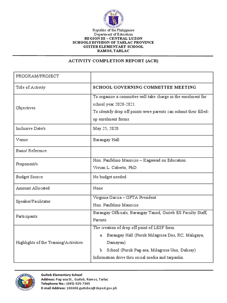 Activity Completion Report (Acr) | PDF