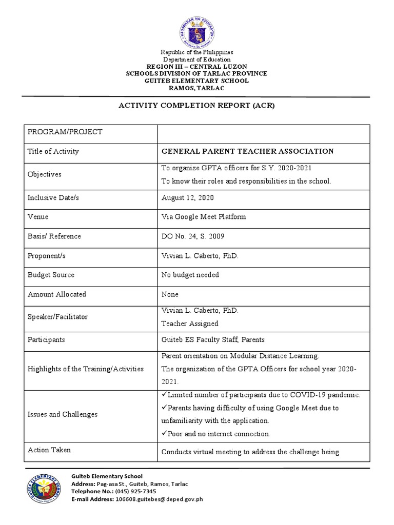 Activity Completion Report (Acr) | PDF