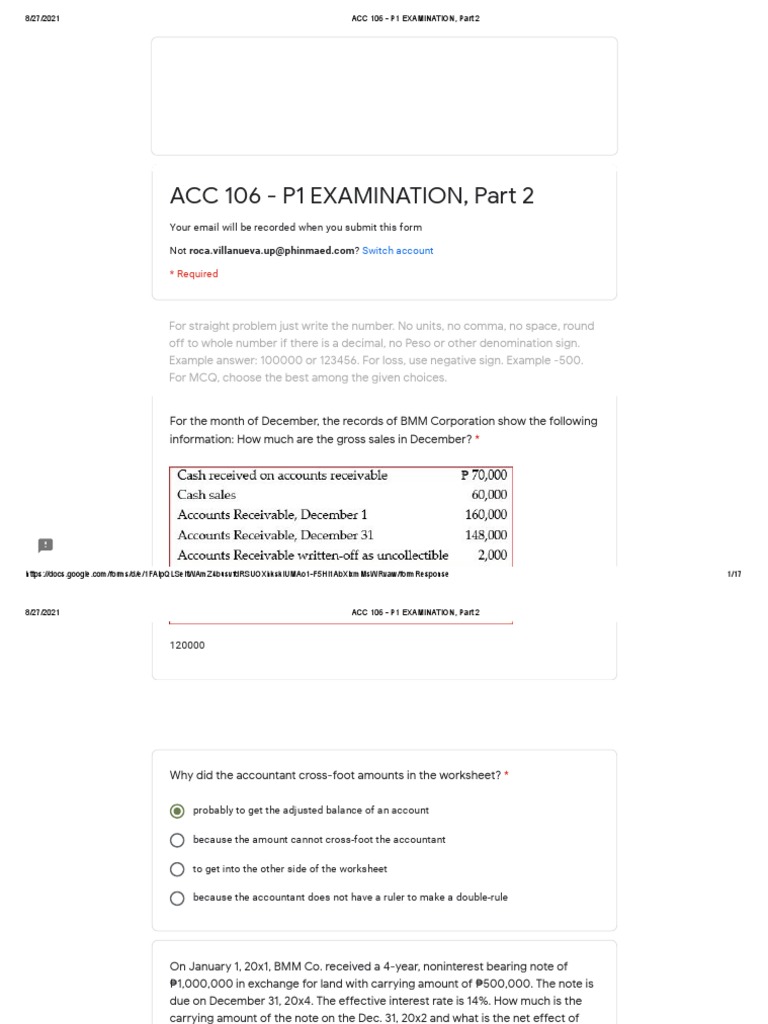Acc 106 - P1 Examination, Pa 2: Your Email Will Be Recorded When You Submit This Form | PDF ...