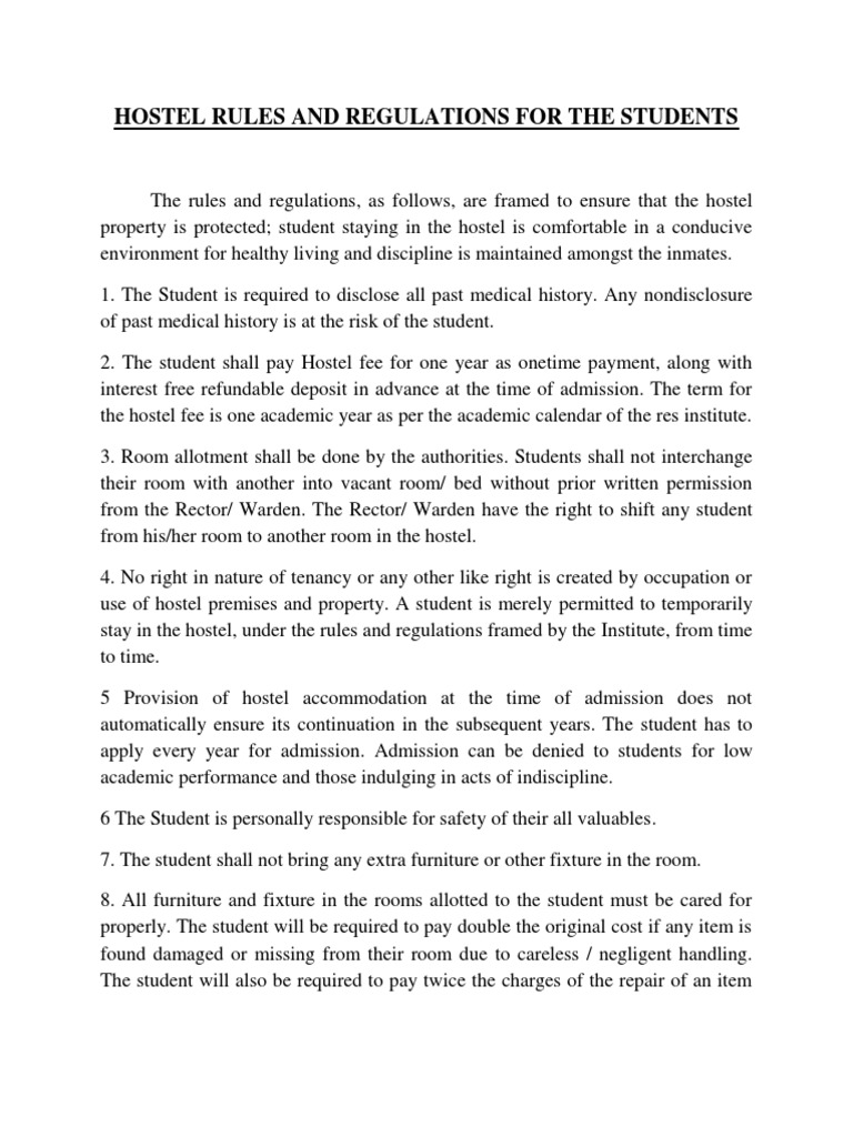 Hostel Rules and Regulations for Students | PDF | Fee