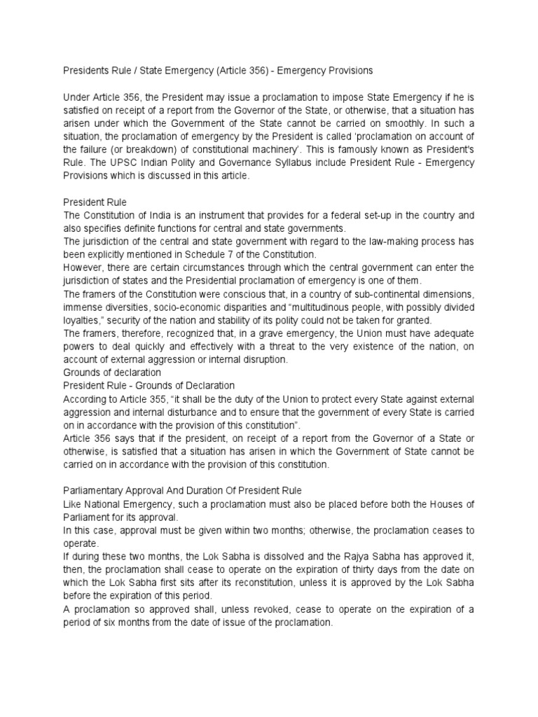 Presidents Rule - State Emergency (Article 356) - Emergency Provisions ...