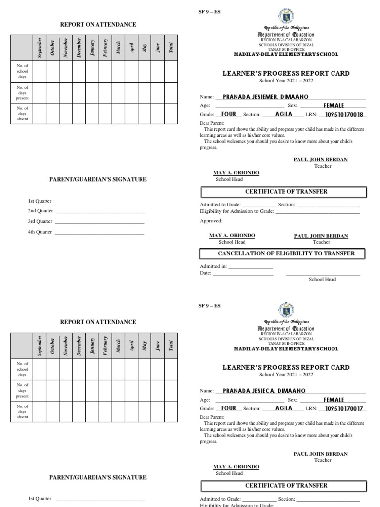 Report On Attendance: Learner'S Progress Report Card | PDF | Public ...