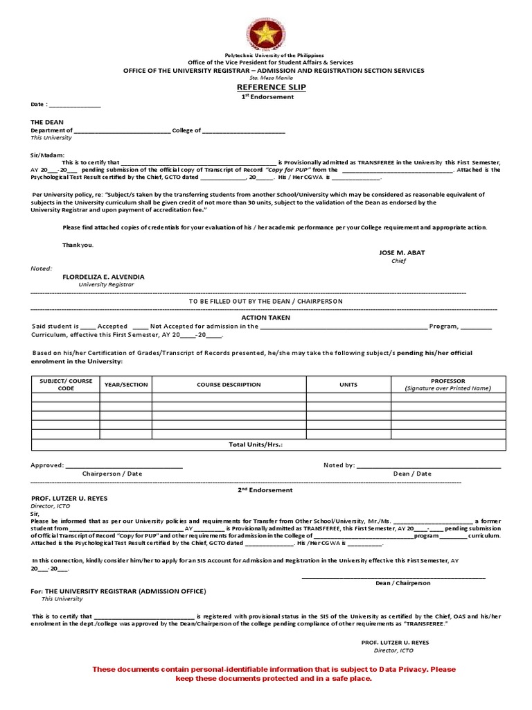 PUP Reference Slip Transferee or Request For Endorsement | PDF ...