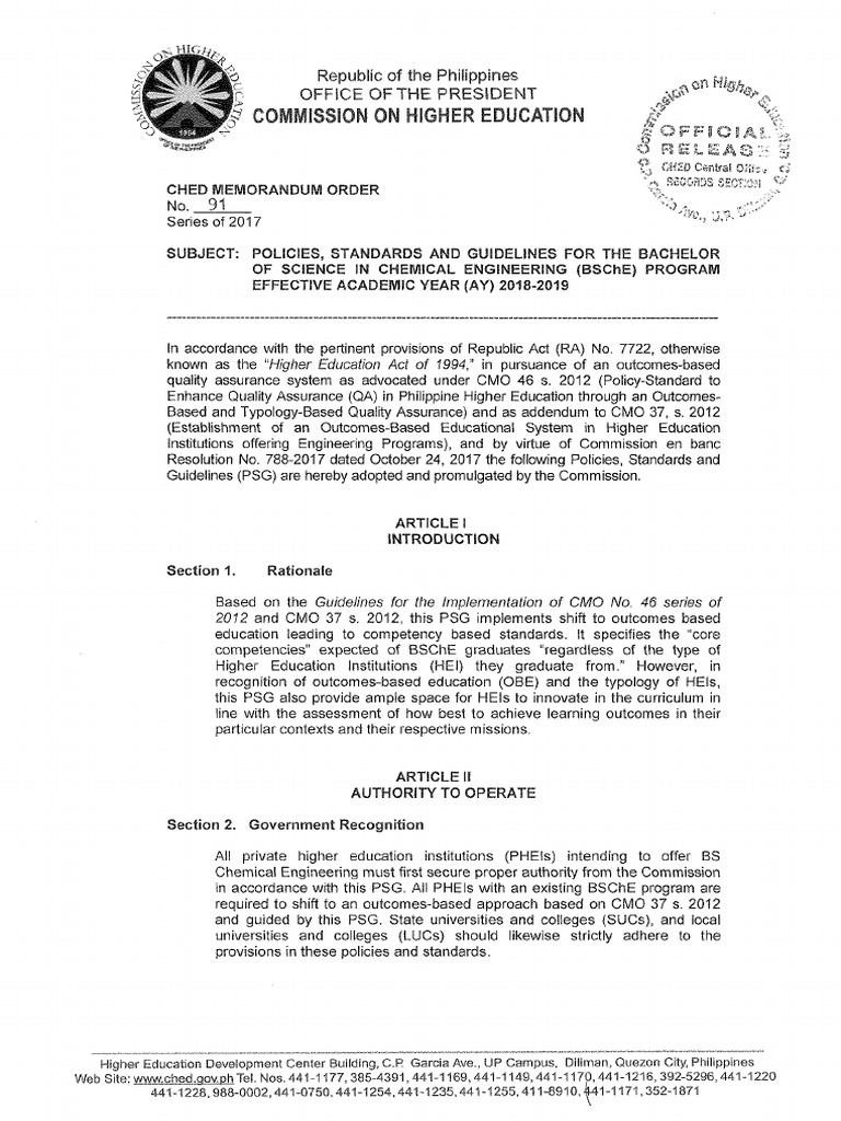 CMO 91 S. 2017 BS Chemical Engineering | PDF | Educational Assessment ...