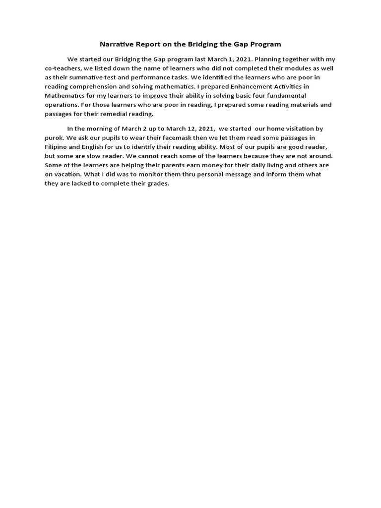 Narrative Report On The Bridging The Gap Program | PDF
