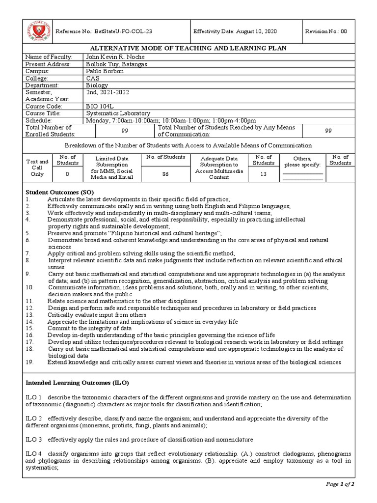 Alternative Teaching Plan for BIO 104L | PDF | Taxonomy (Biology) | Science