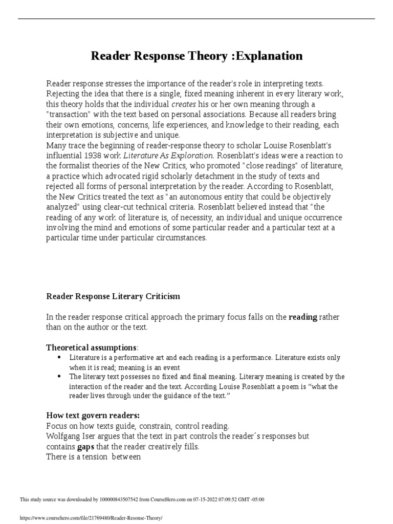 Reader Response Theory Explained | PDF | Cognitive Science | Psychological Concepts