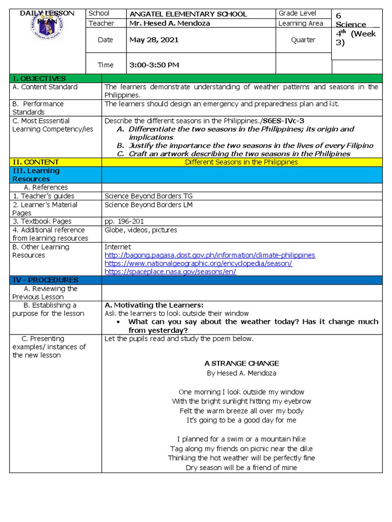 Daily Lesson Plan For MED | PDF | Wet Season