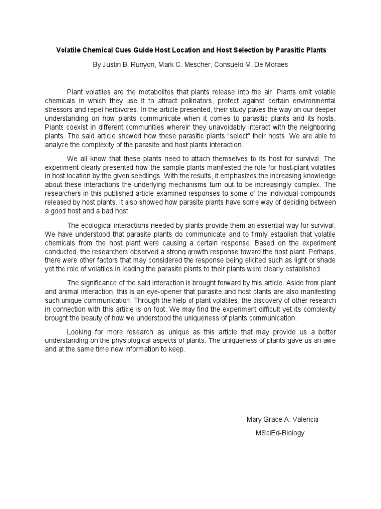 Article Review On Volatile Chemical Cues Guide Host Location and Host ...