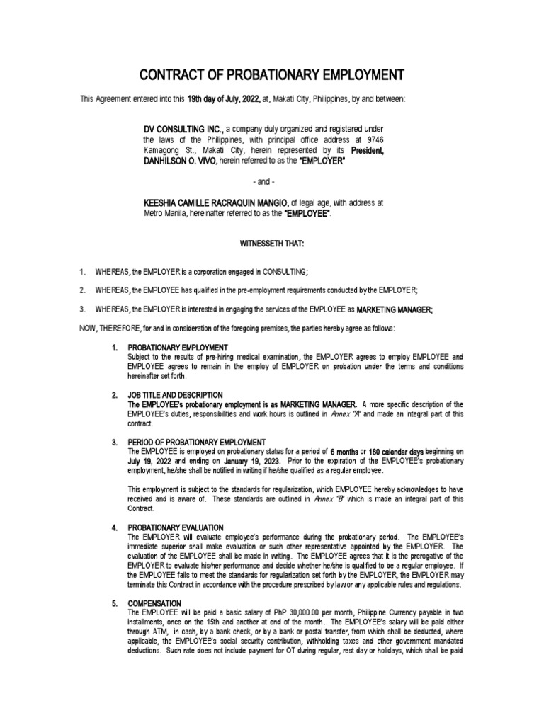 Contract of Probationary Employment | PDF | Employment | Overtime