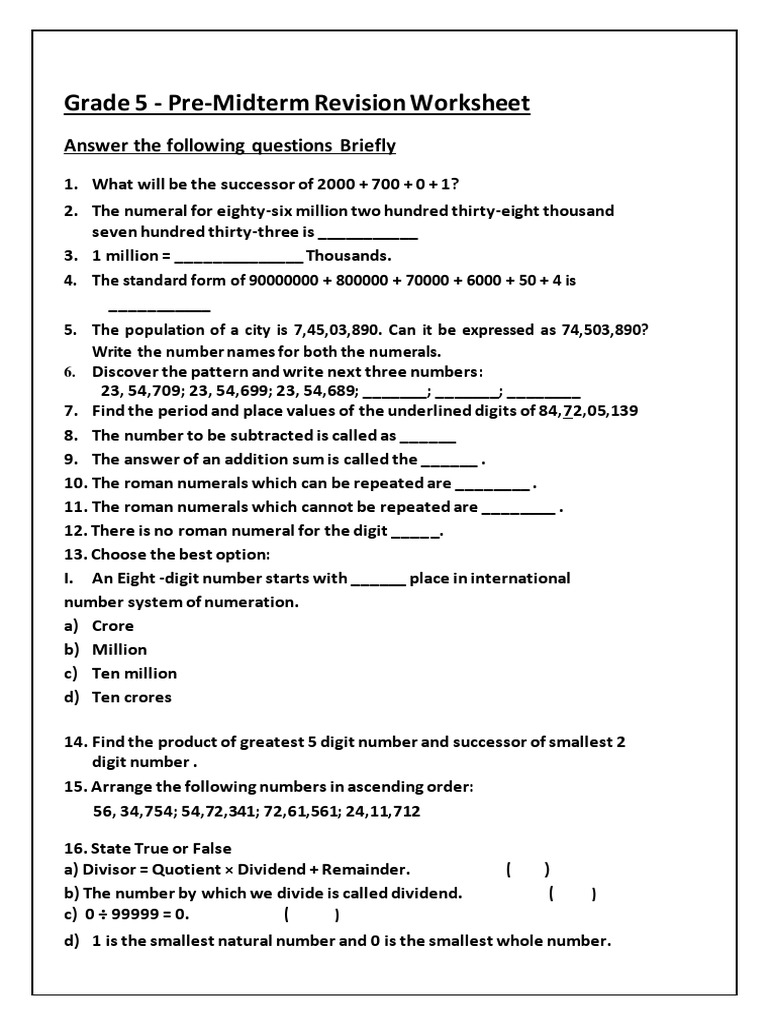 Grade 5 - Pre-Midterm Revision Worksheet | PDF | Division (Mathematics) | Numbers