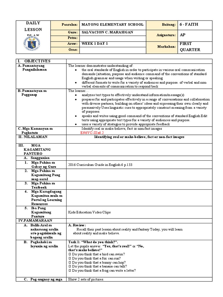 DLP - AP - Q1 - (Week 1-MELC Base) | PDF | Communication | Cognition