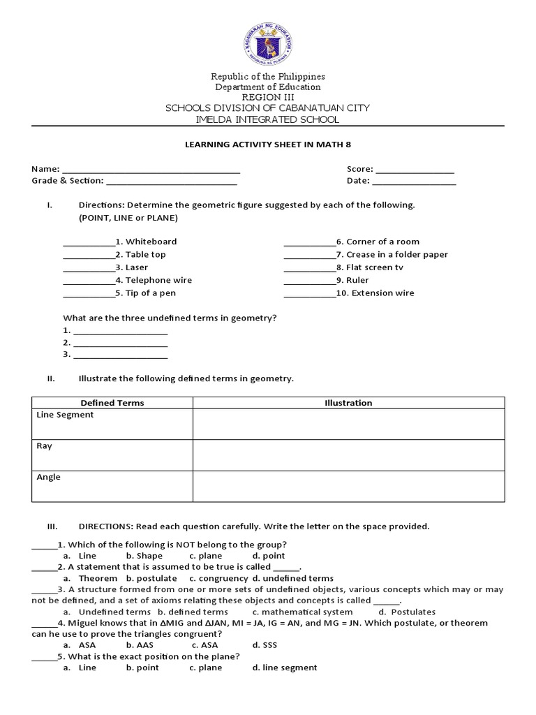 Learning Activity Sheet in Math 8 | PDF | Elementary Mathematics | Euclidean Geometry