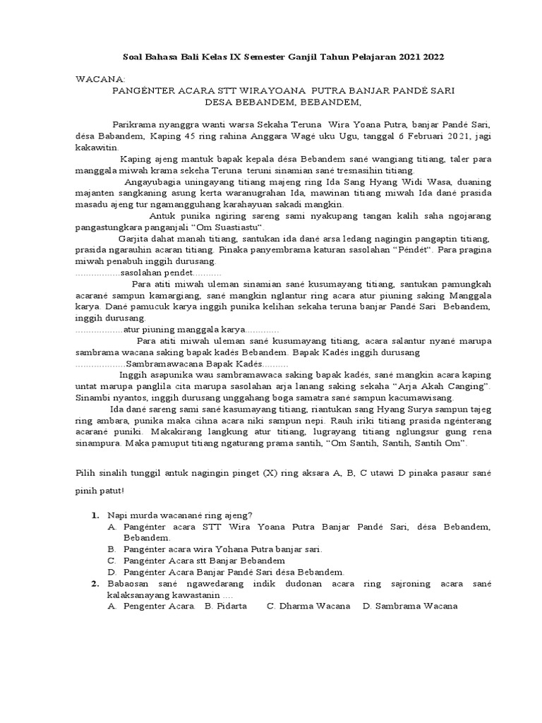 Soal Bahasa Bali Kelas IX Semester Ganjil Tahun Pelajaran 2019 2020 | PDF