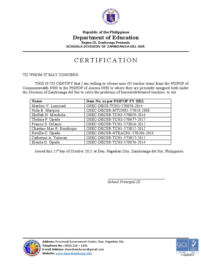 Certification From The Principal Release | PDF