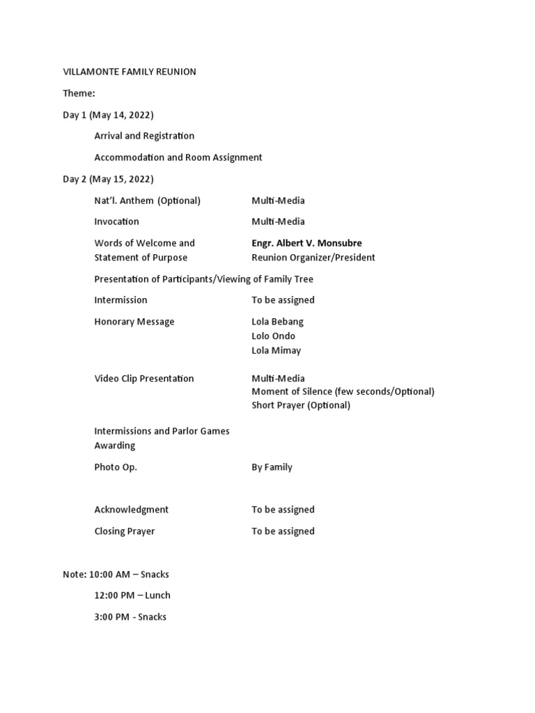 Family Reunion 2022 Draft Program | PDF