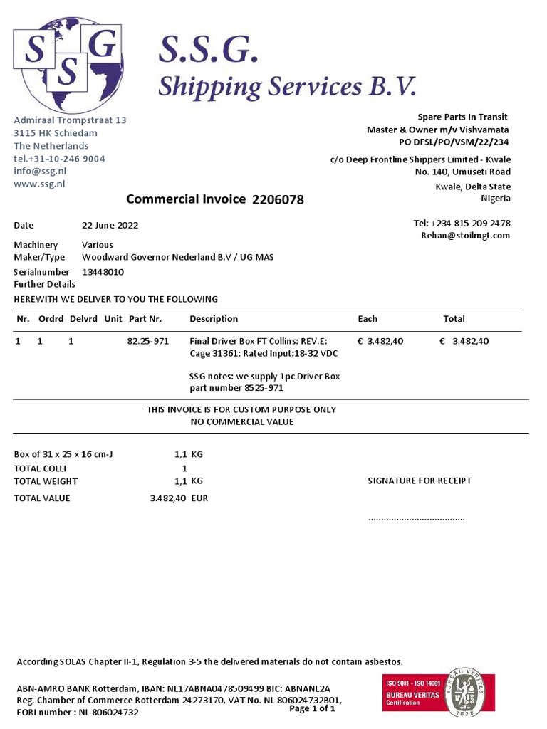 Commercial Invoice Vishvamata WOODWARD FINAL DRIVER BOX | PDF ...