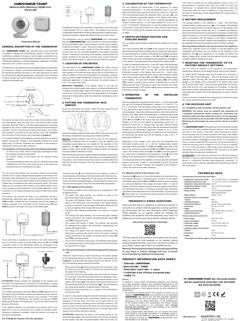 Instruction Manual: Warning! | PDF | Thermostat | Relay