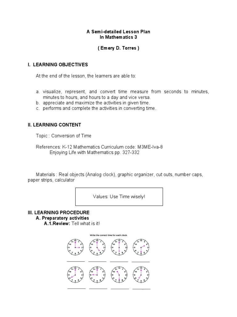 A Semi Detailed Lesson Plan in Math 2 | PDF | Hour | Clock