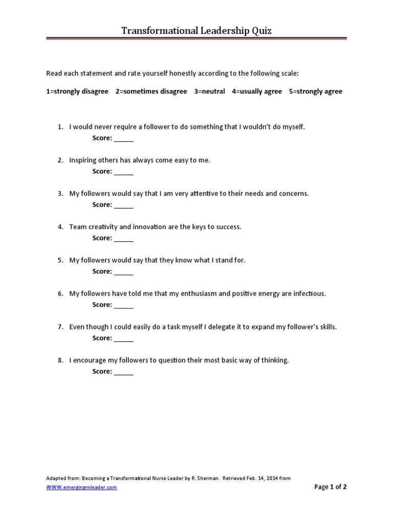 Transformational Leadership Quiz | PDF | Transformational Leadership ...