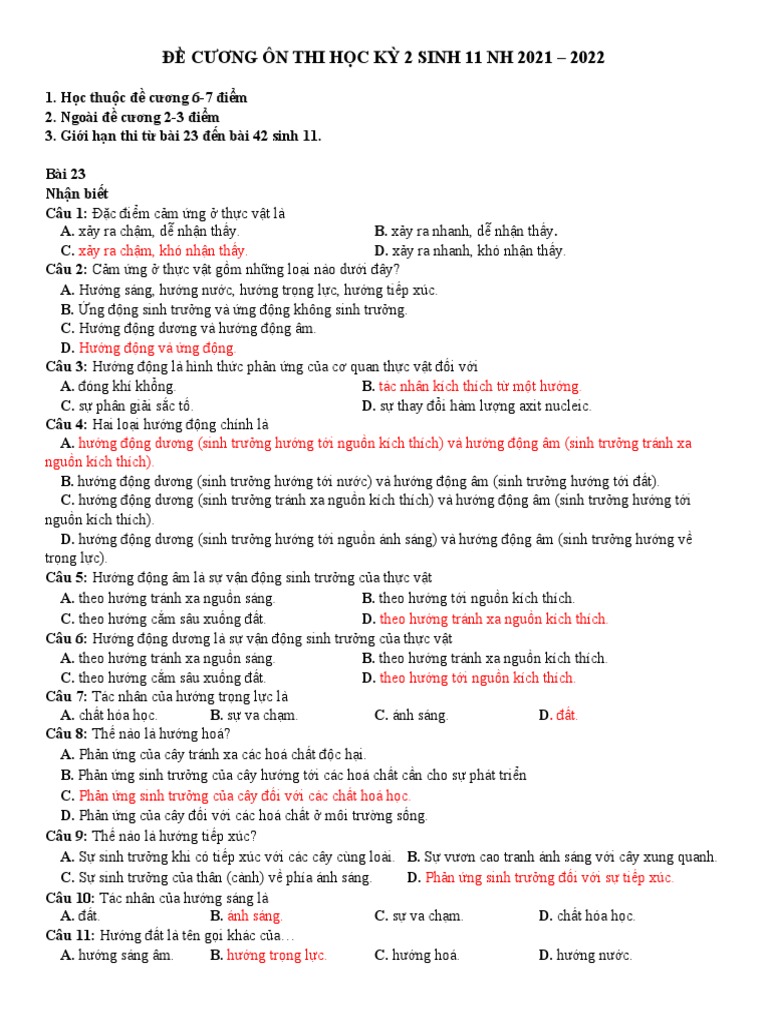 Dap An de Cuong Sinh 11 Hk2 NH 2021 - 2022 | PDF