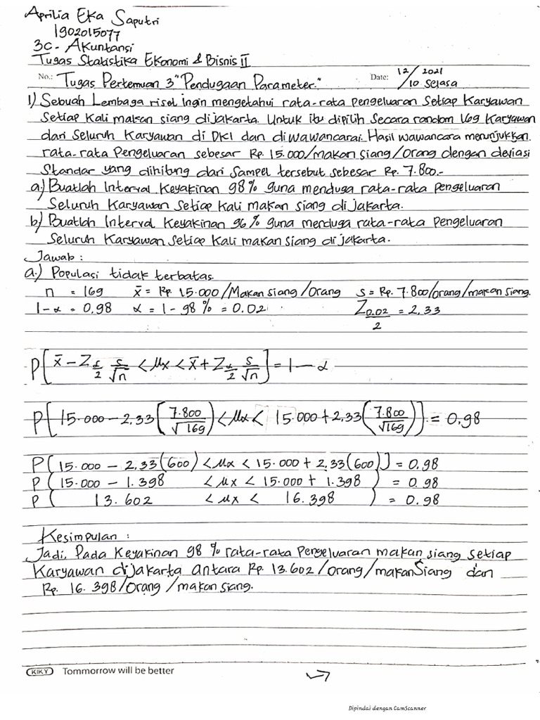 Soal Latihan Statistika Ekonomi Dan Bisnis Ii - Pendugaan Parameter ... Soal Latihan Statistika Ekonomi Dan Bisnis Ii - Pendugaan Parameter ...