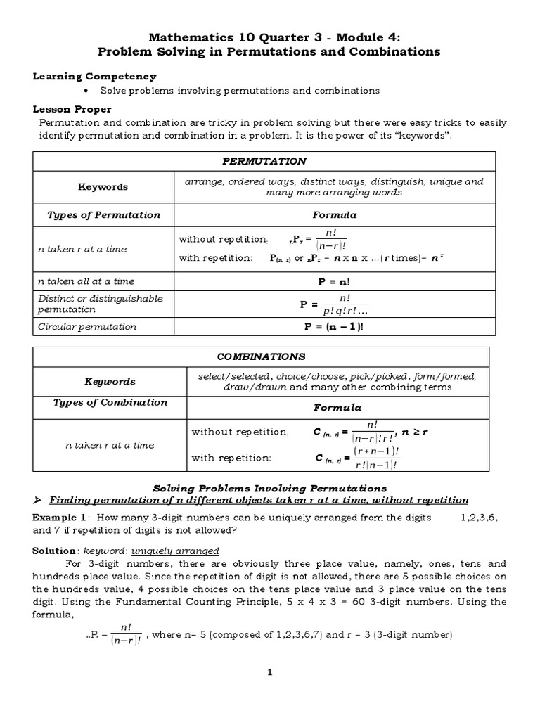 Mathematics 10 Quarter 3 - Module 4: Problem Solving in Permutations and Combinations | PDF ...