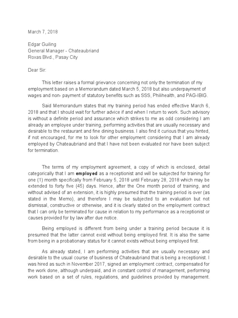 Employment Grievance and Demand Letter | PDF | Employment | Business