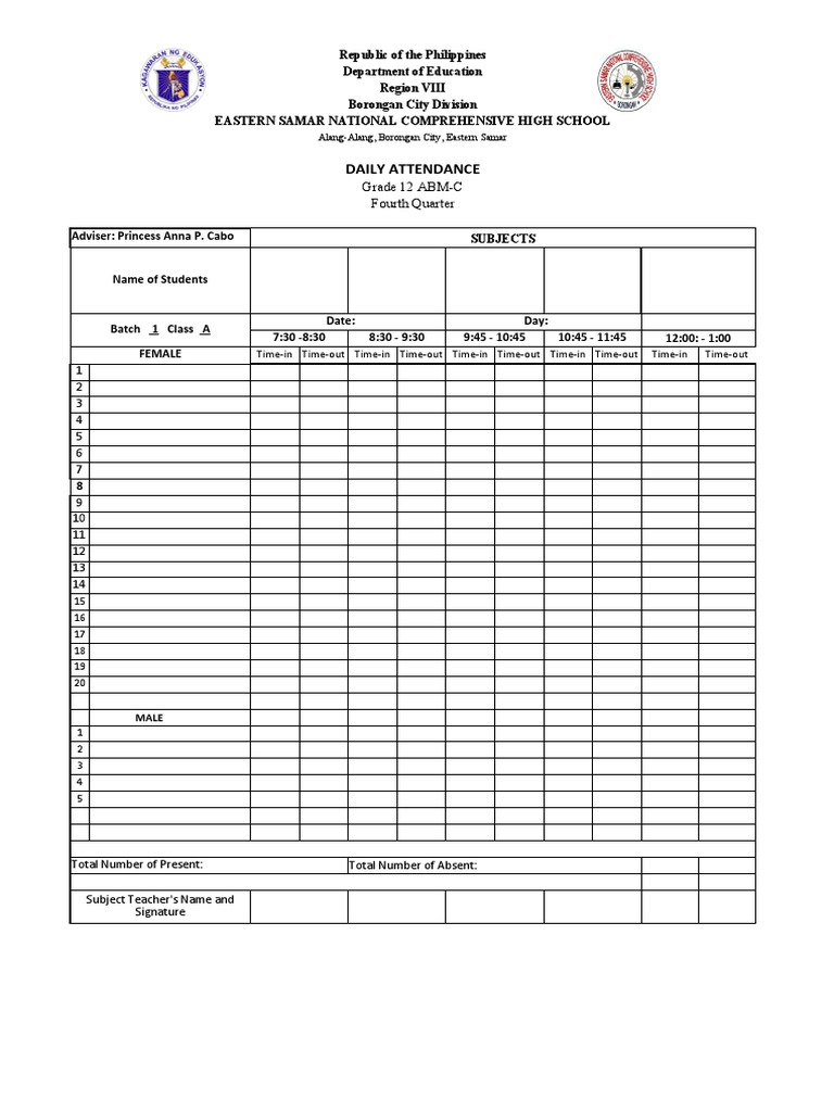 Daily Attendance: Grade 12 ABM-C Fourth Quarter | PDF