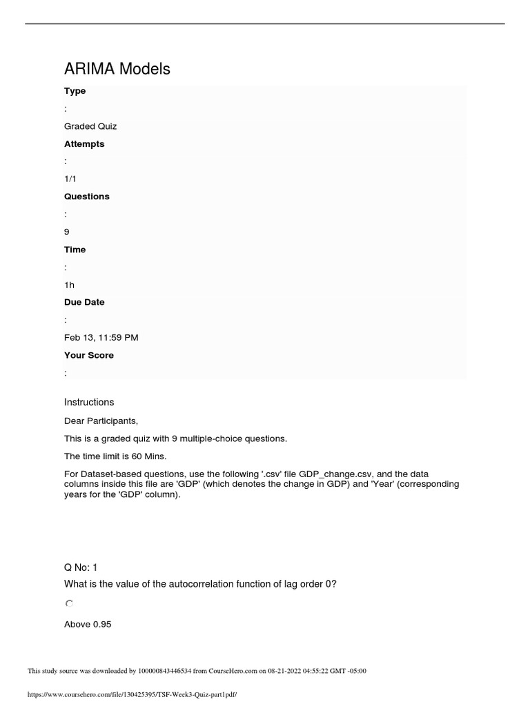 ARIMA Models Graded Quiz Instructions | PDF | Autoregressive Integrated ...