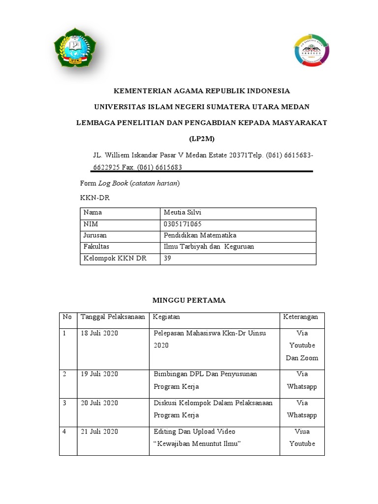 Log Book Kegiatan KKN UINSU 2020 | PDF