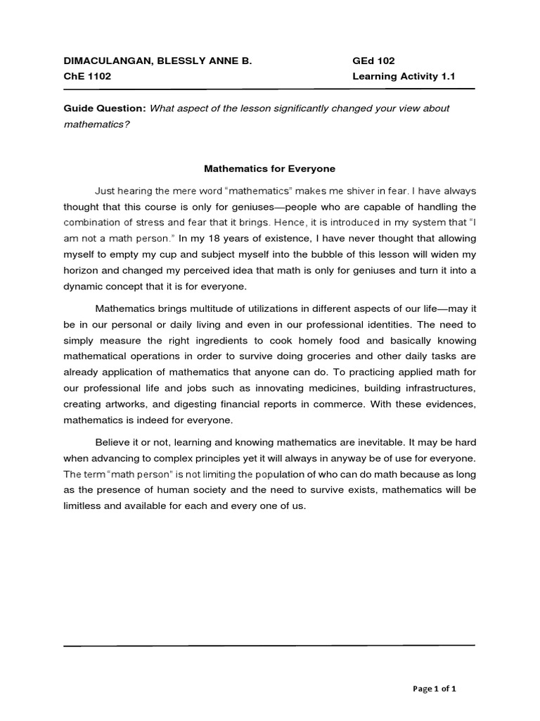 Dimaculangan, Blessly Anne B. - Learning Activity 1.1 | PDF | Career ...