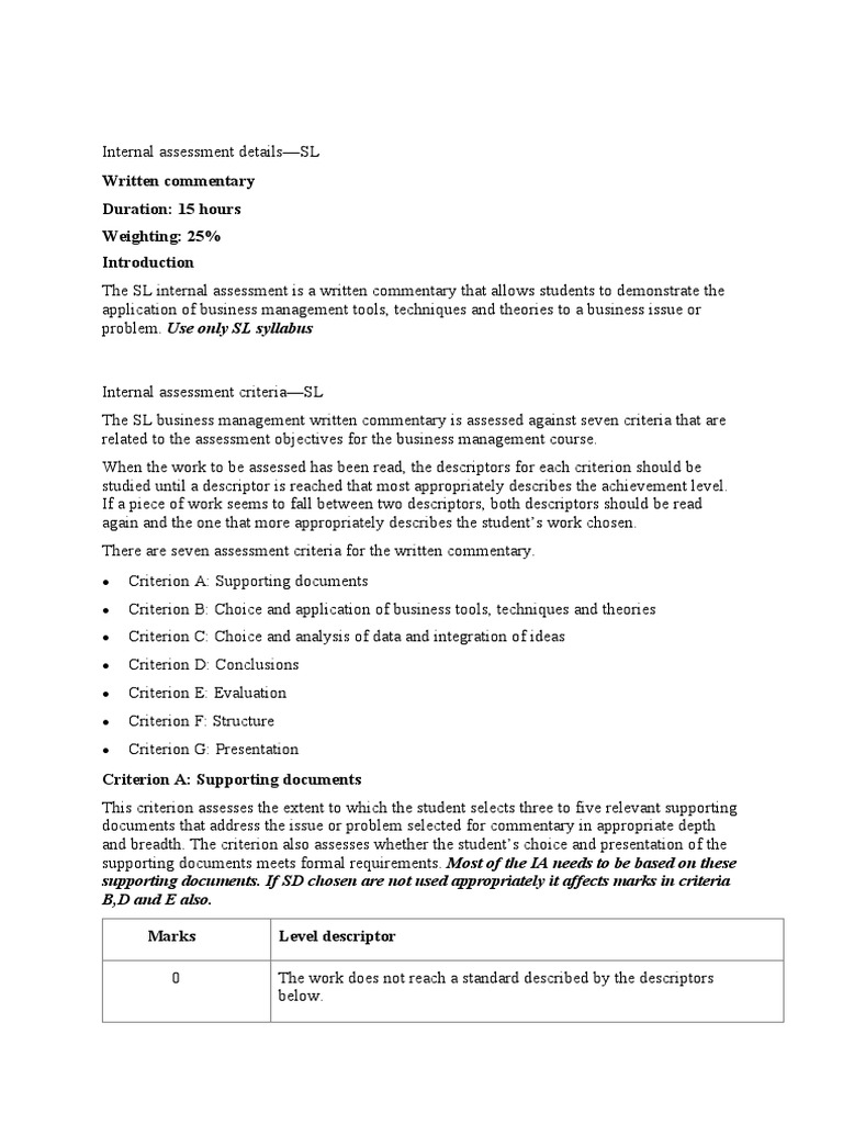 Internal Assessment SL Criteria | PDF | Evaluation | Swot Analysis