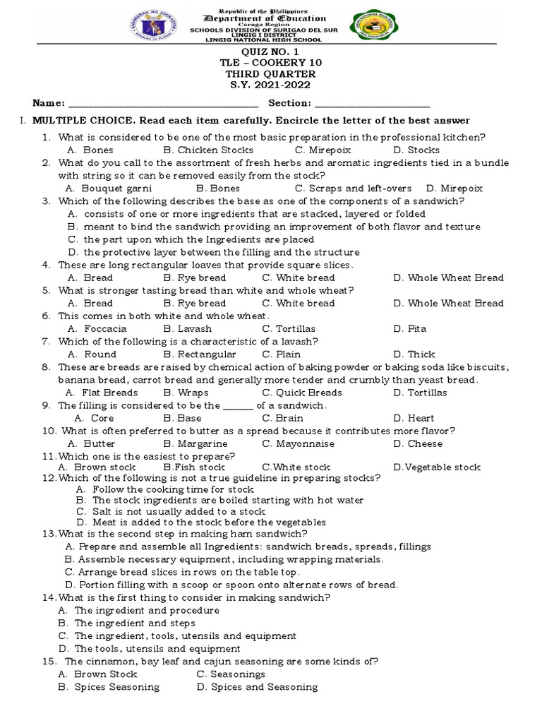 3rd Quarter Quiz 1 TLE | PDF | Breads | Sandwich