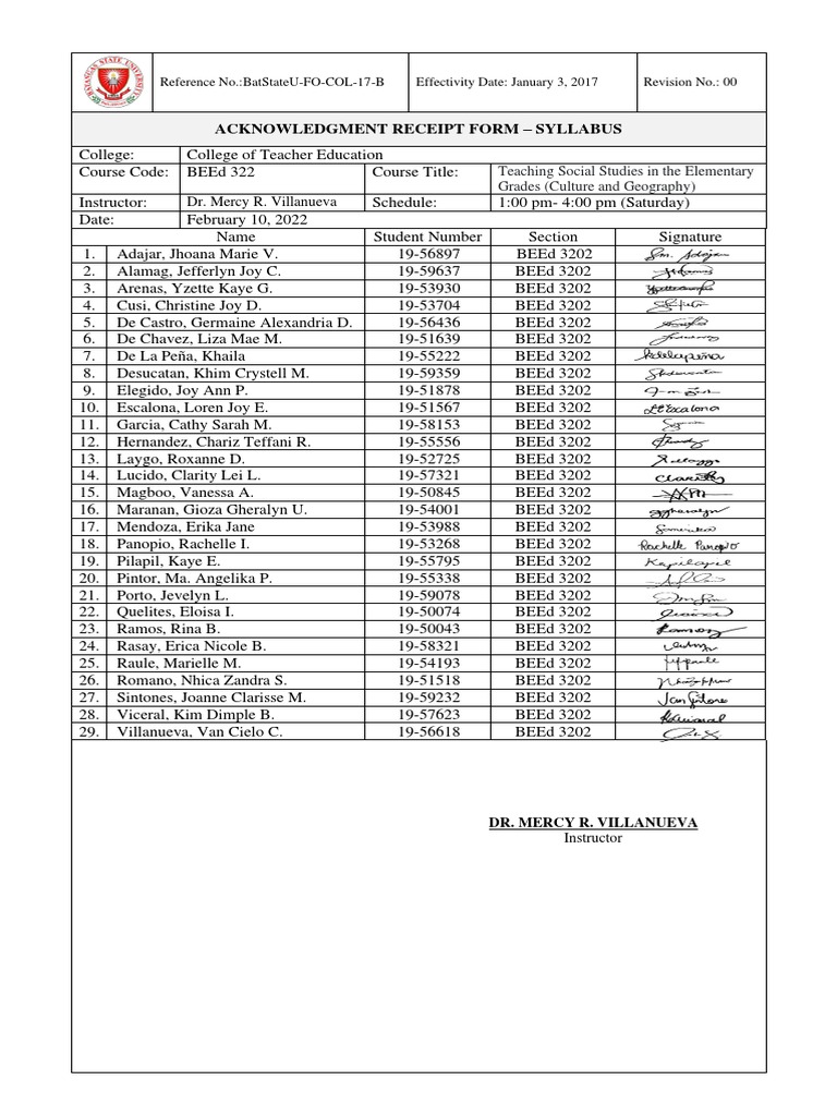 Acknowledgement Receipt - Syllabus (BEEd 3202) | PDF