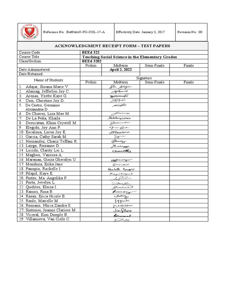 Acknowledgment Receipt Test Papers BEEd 3202 | PDF